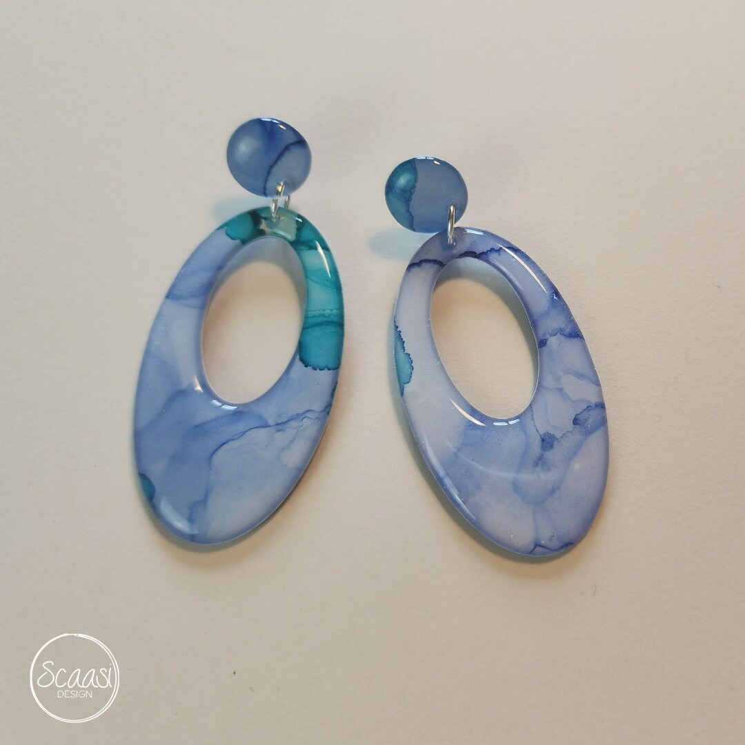 Navy & Teal Oval Donut Dangle Earrings Alcohol Ink and Resin - Etsy