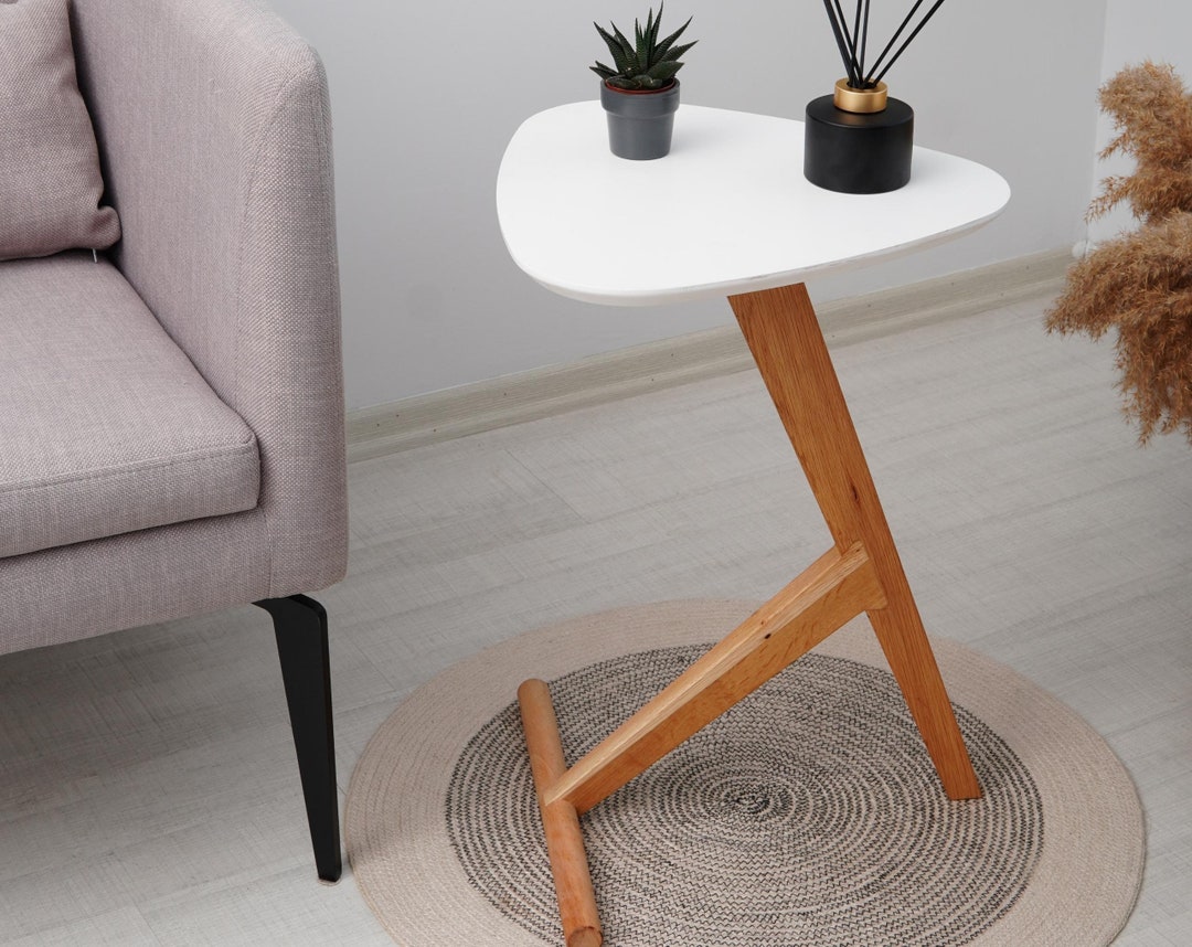Wooden Oak Triangle White Corner Table 3 Legs Wood Side Table Living ...