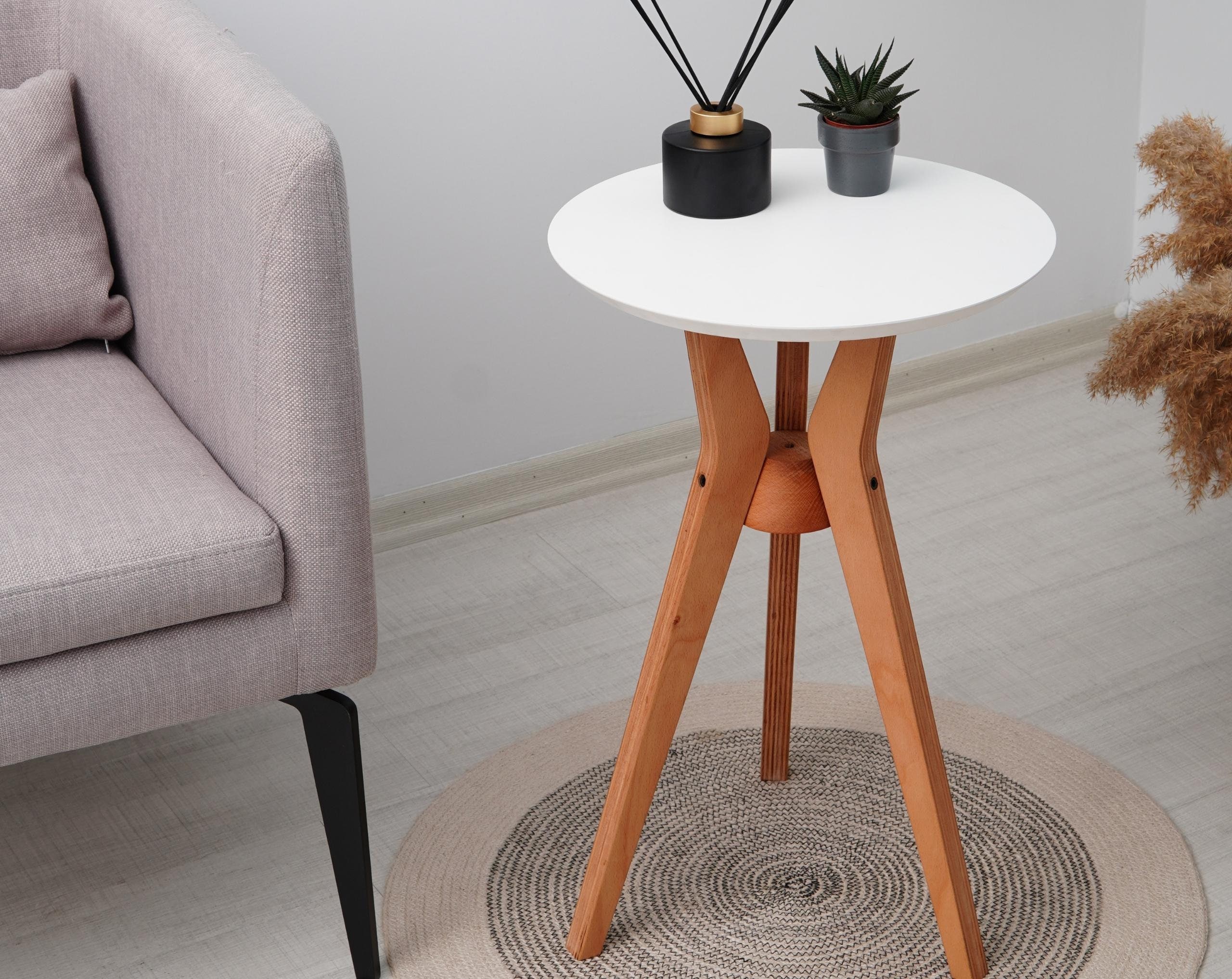 White Round Oak End Table Tripod Wooden Coffee Table Different Creative ...