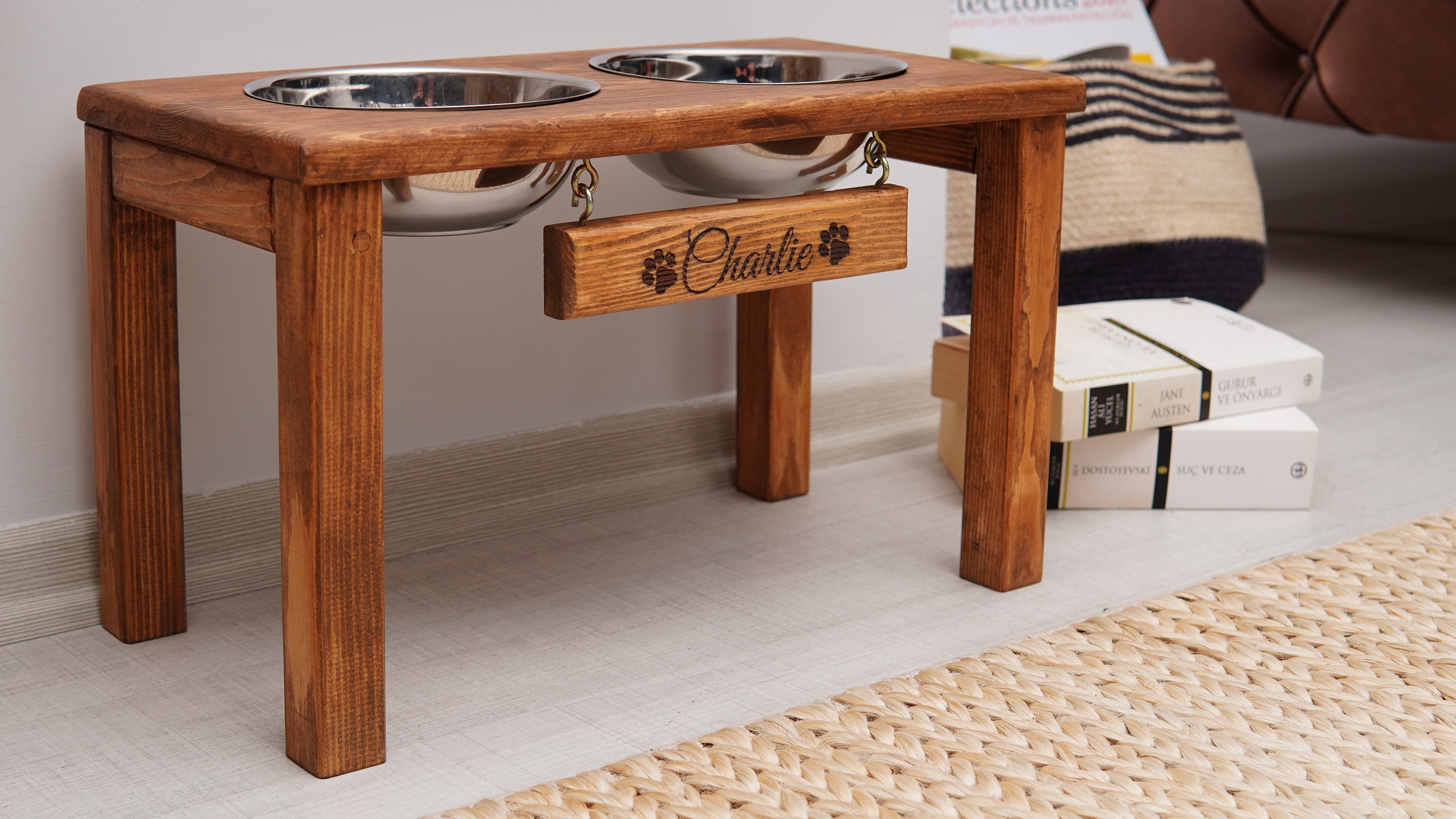 Double Bowl Stand for Large Dog, Elevated Dog Bowl, Wooden Pet ...