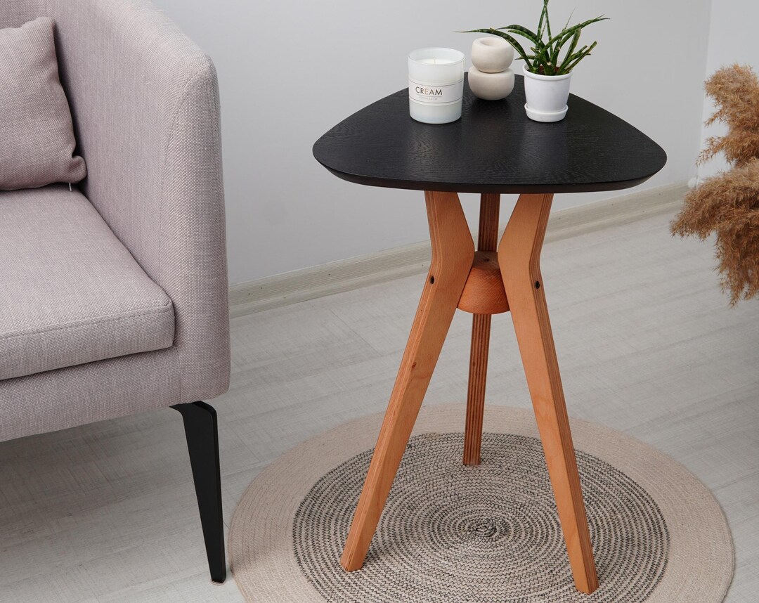 Oak Triangle Corner Table - Solid Wood End Table - Cross Legs Minimalist Night Stand - Modern ...