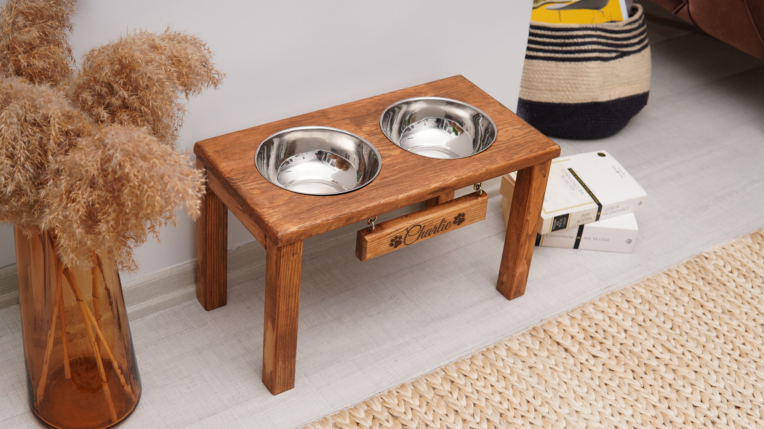 Double Bowl Stand for Large Dog, Elevated Dog Bowl, Wooden Pet ...