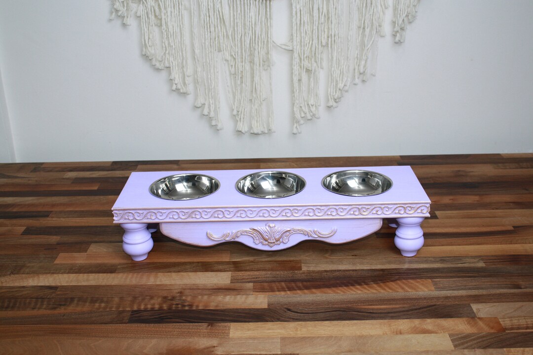 Custom Small Pet Food Tray, 3 Steel Bowls Elevated Pet Feeder, Modern ...