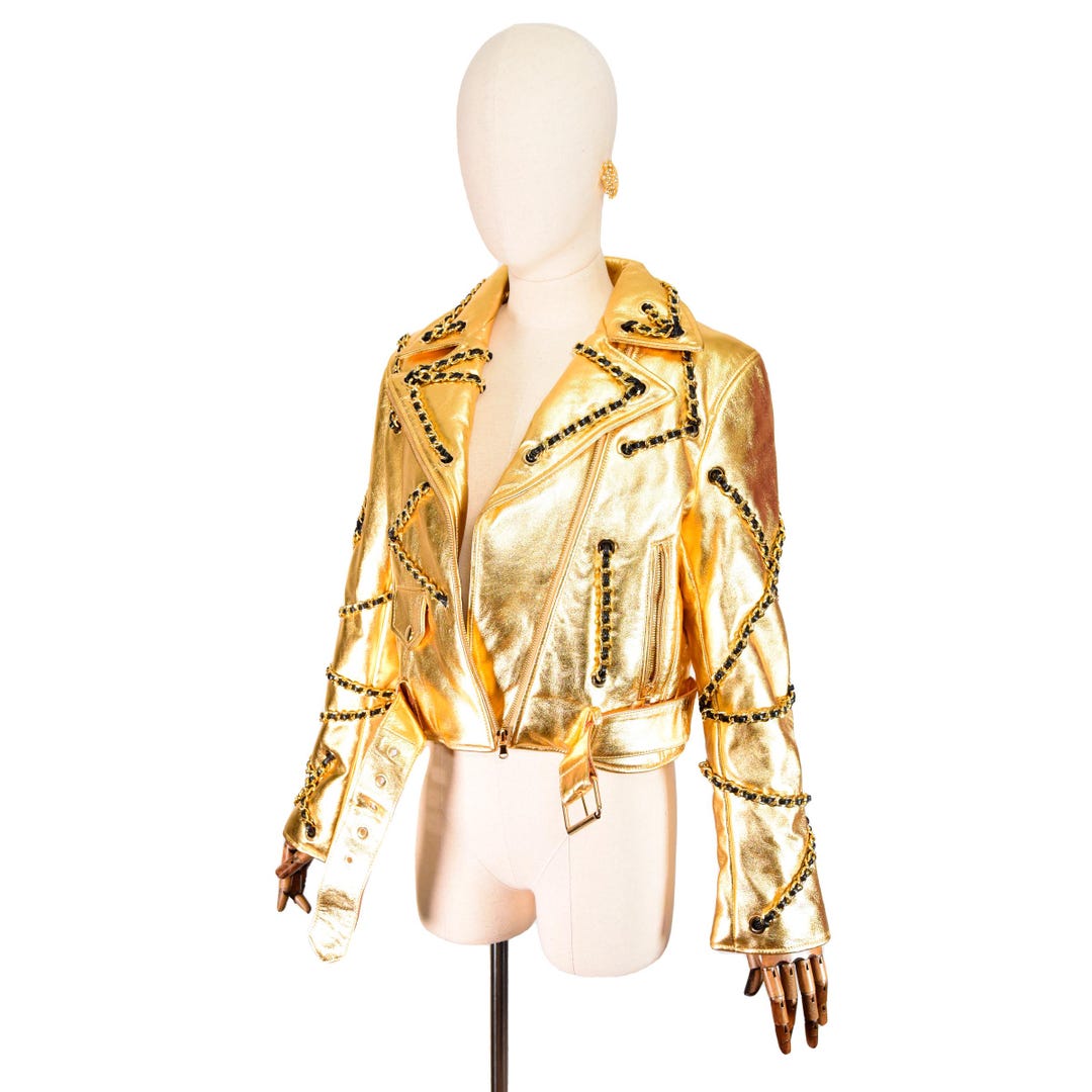 MOSCHINO Gold Leather Biker Jacket With Intertwined Chains, Size M - Etsy