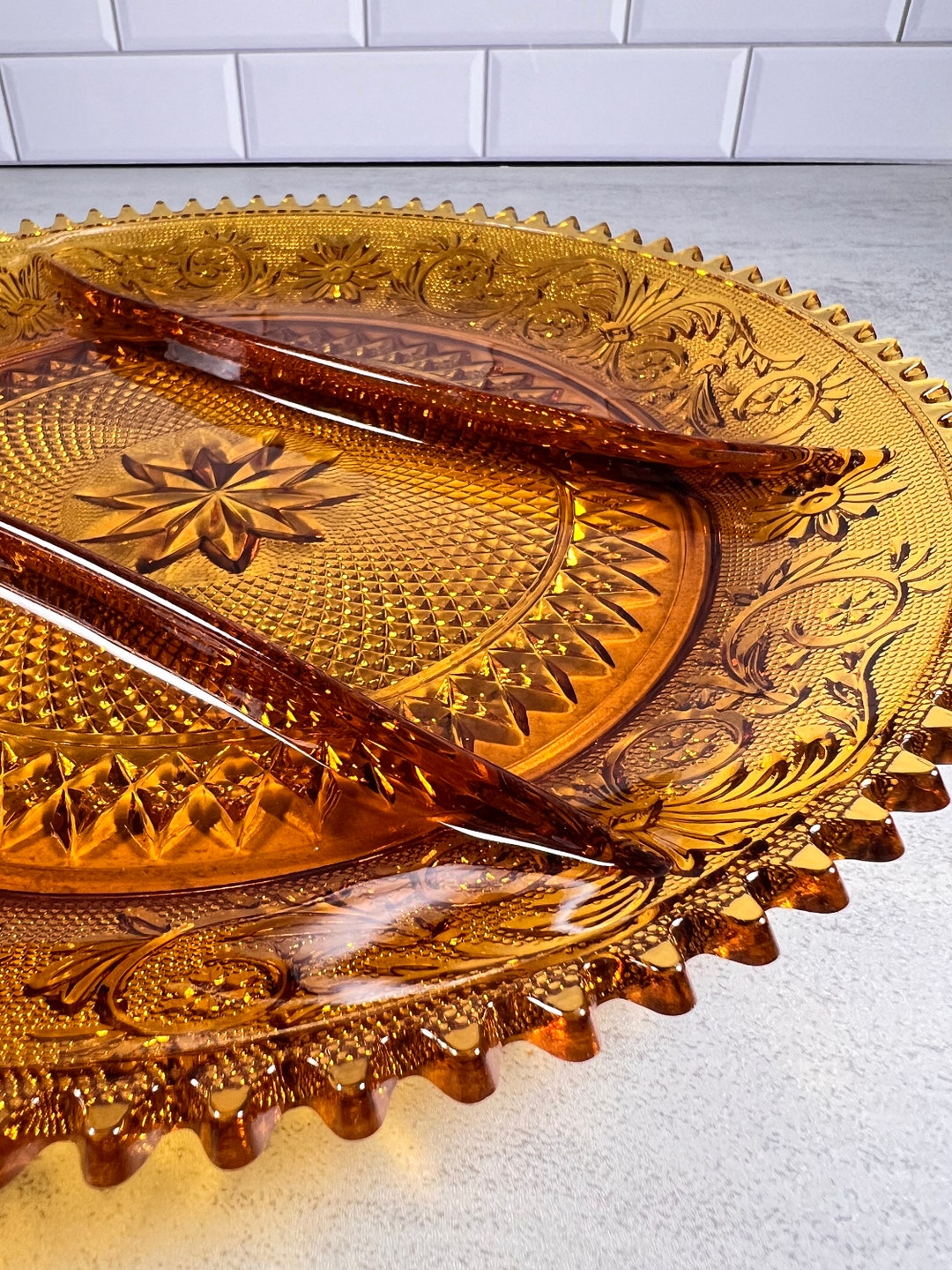 Vintage Tiara Amber Glass Divided Serving Platter With Sawtooth Rim - Etsy