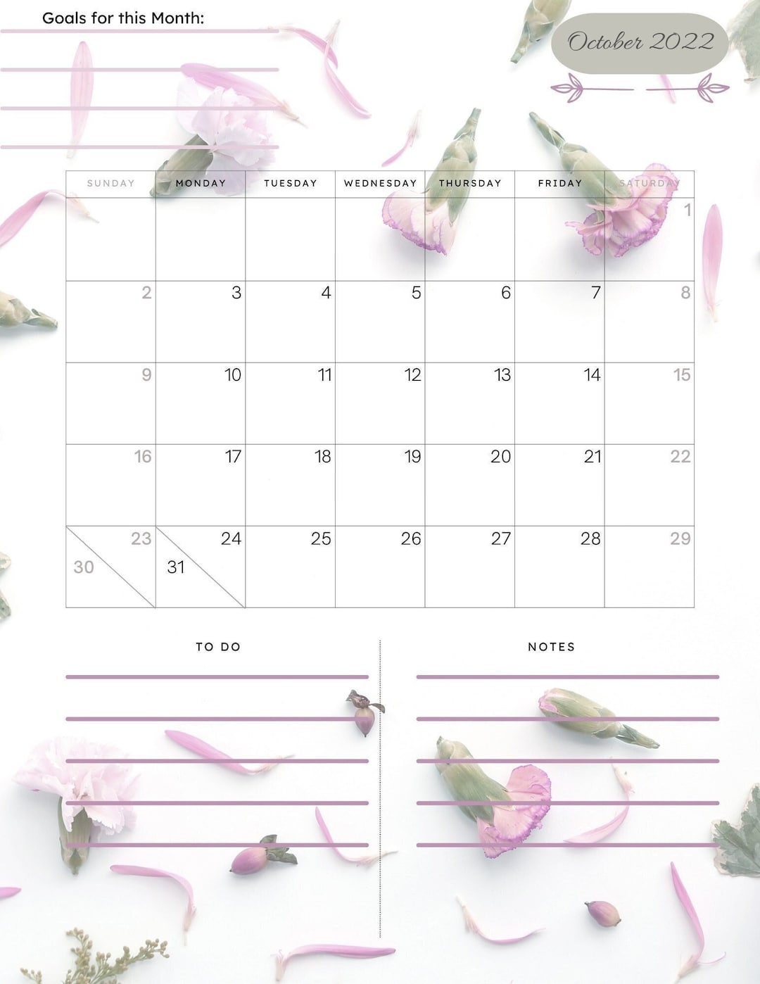Monthly Calendar, Digital Download, Digital Monthly Calendar, Instant ...