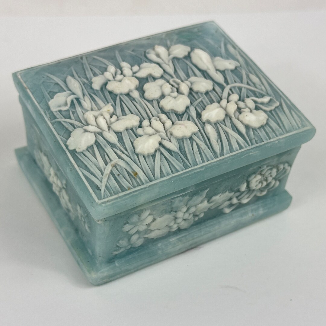 Vintage Genuine Incolay Stone Floral Relief Blue & White Trinket Box ...