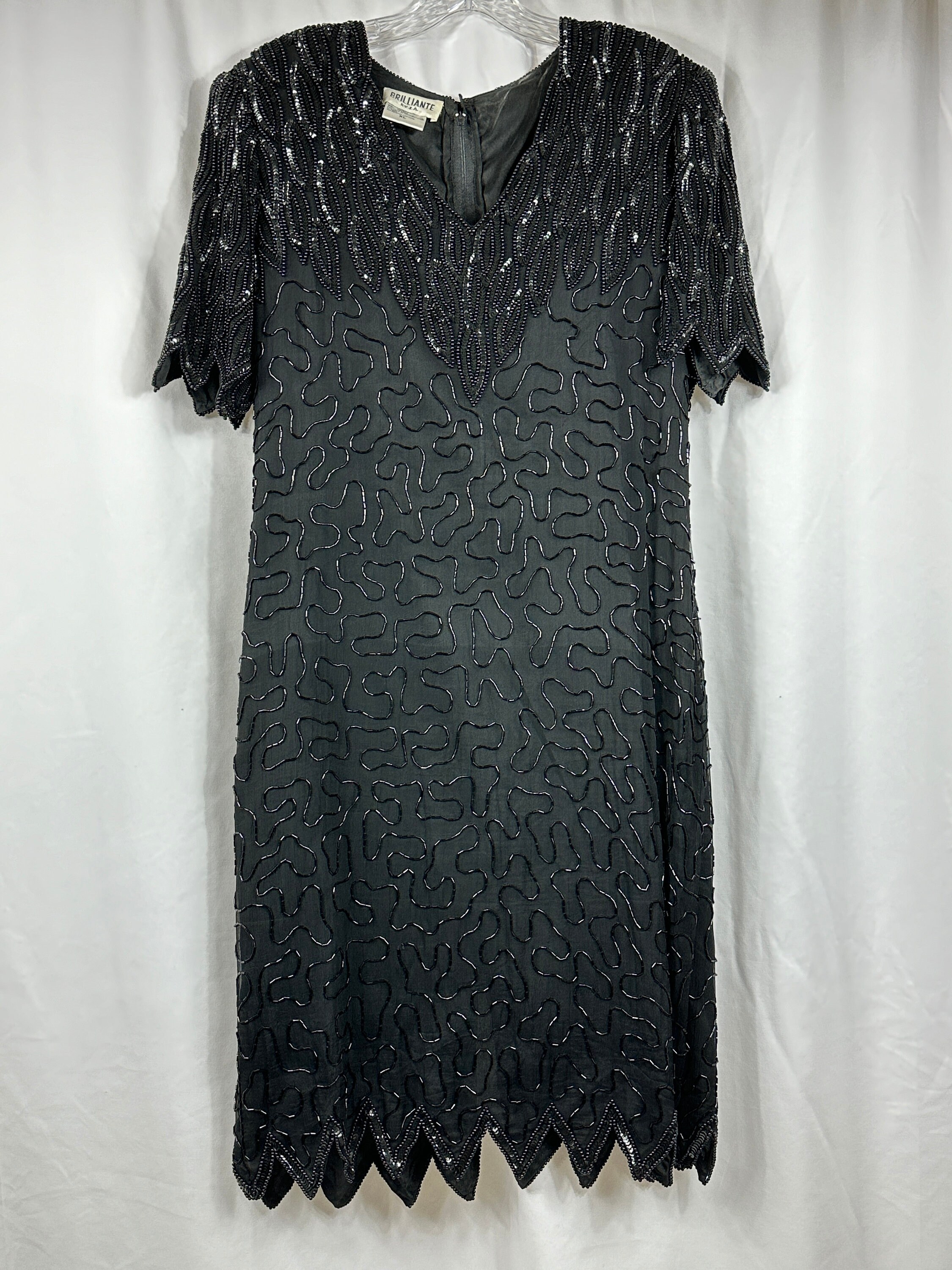 Vintage 90s Brilliante by JA Black Beaded Sequin 100% Silk Midi Shift ...