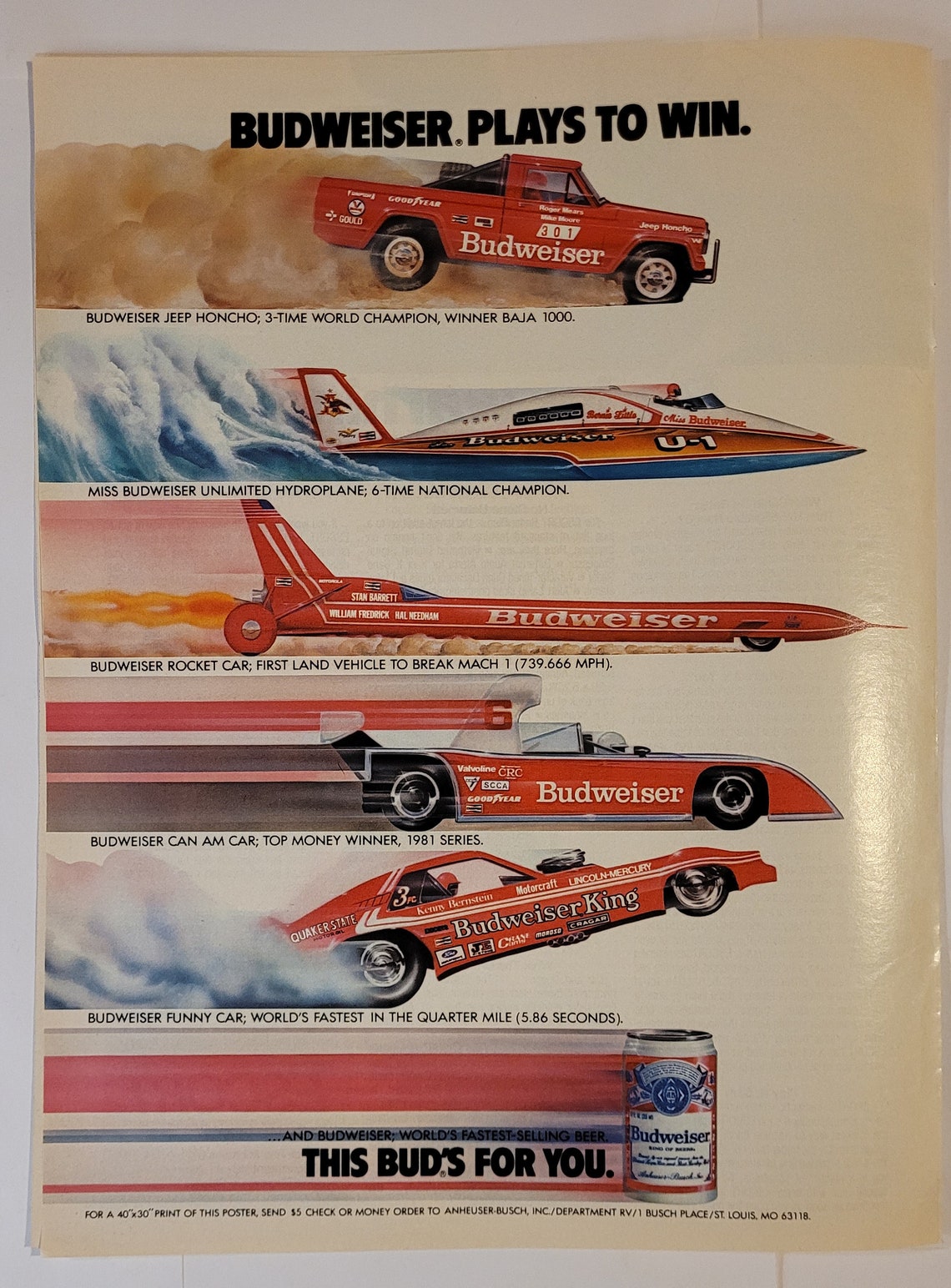 Budweiser Play to Win Race Cars Magazine Advertisement (1980s) Honcho ...