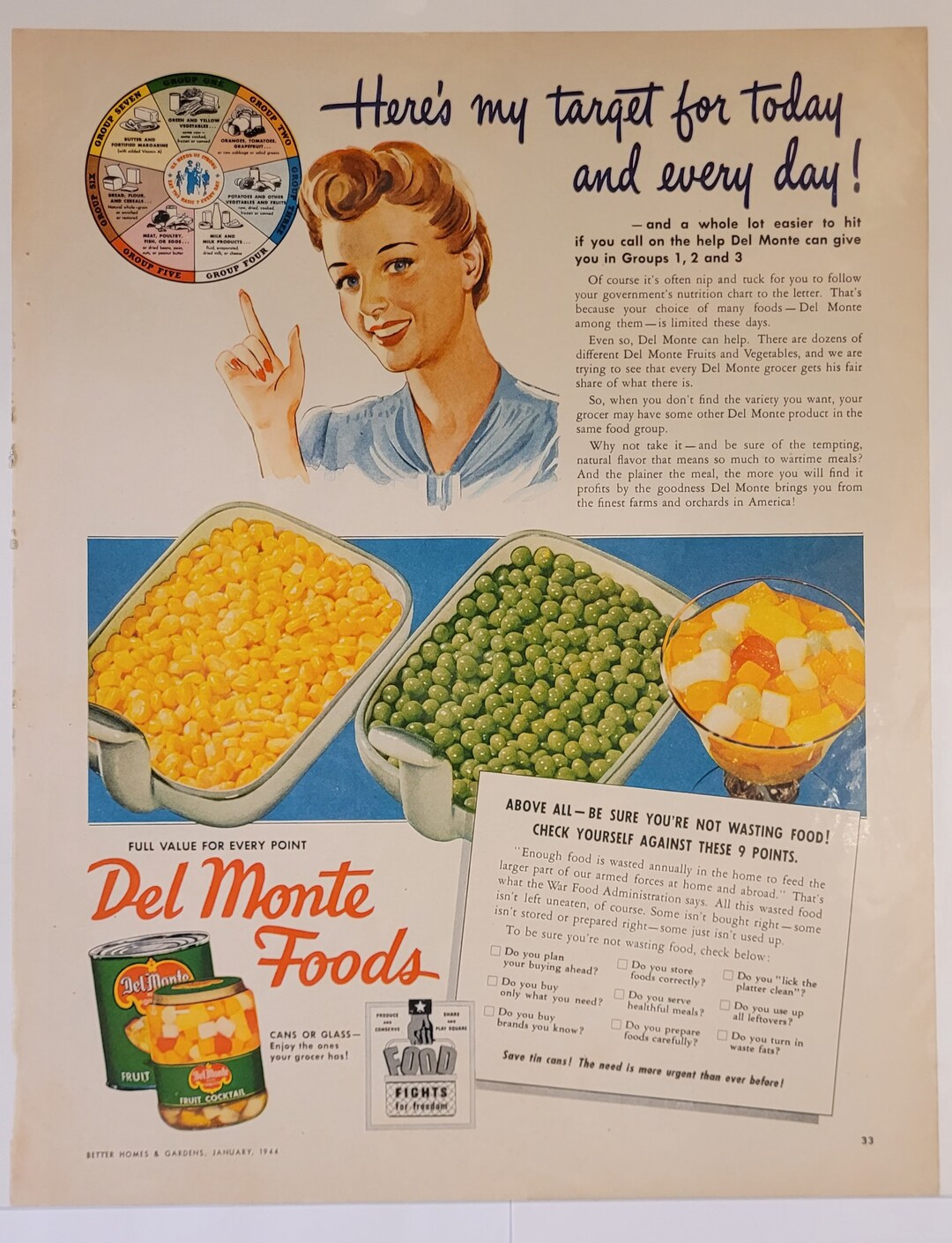 Vintage 1949 Del Monte Foods Magazine Advertisement (corn, Peas, Fruit ...