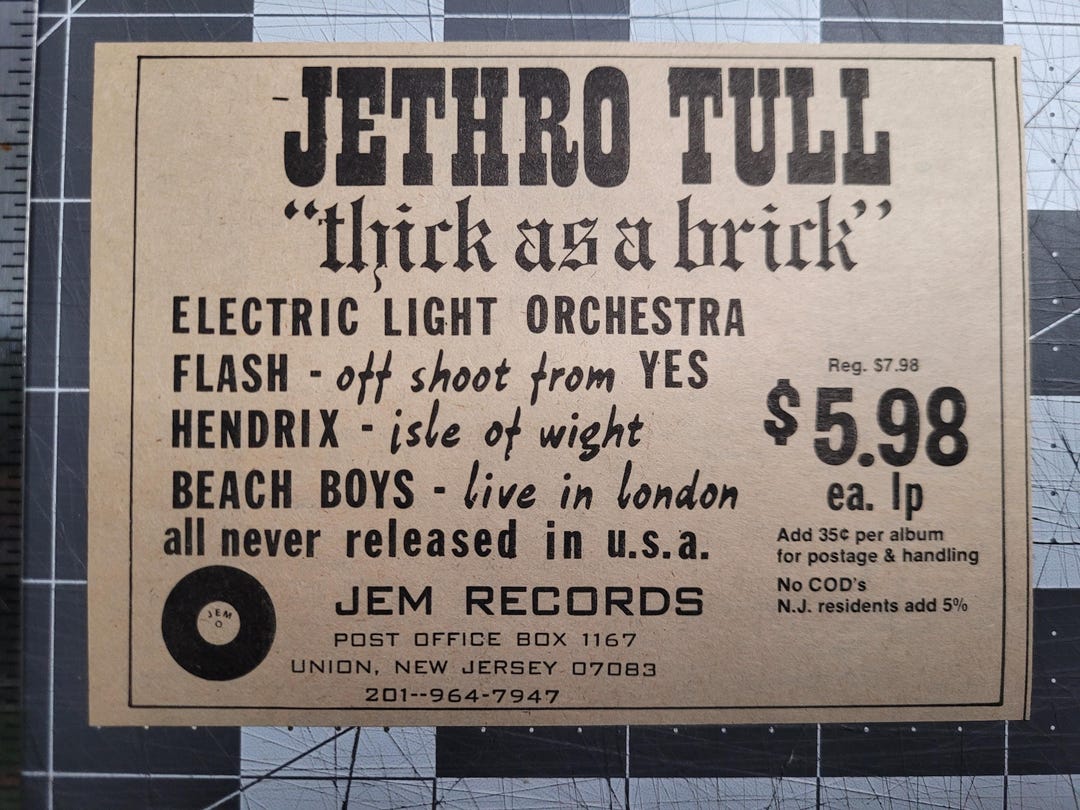 1972 Black and White Jethro Tull "thick as A Brick" Advertisement From ...