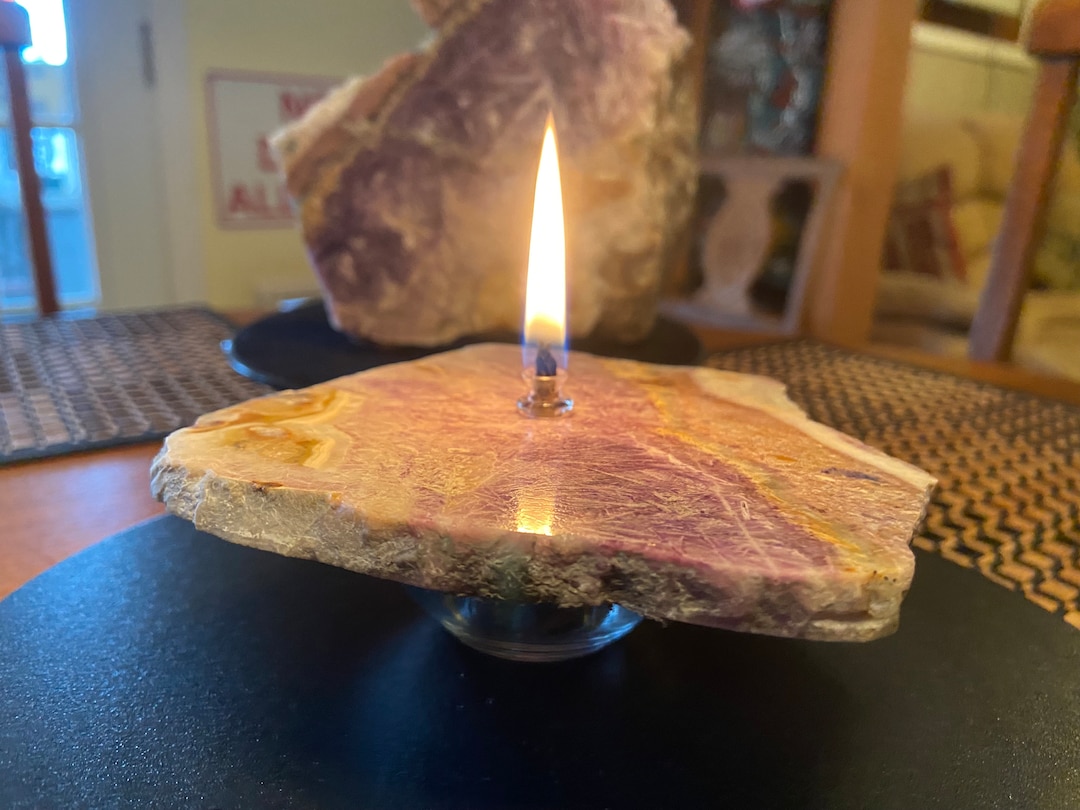 Chinese Fluorite Sagenite Oil Lamp, Polished Rock Slab Candle ...