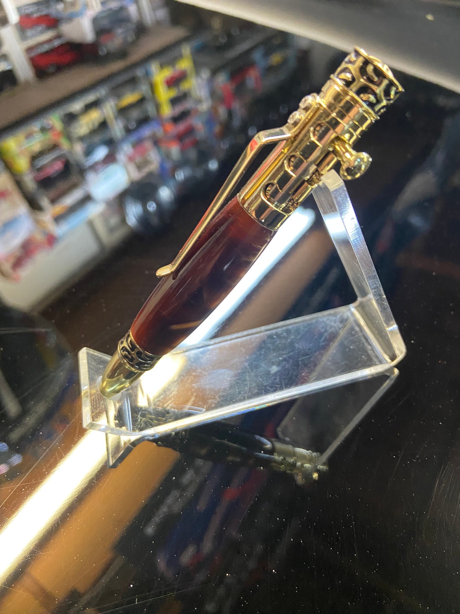 Mini Gold Finish Gear Shift Pen Only 41/8 Inch Long With a Brown and ...