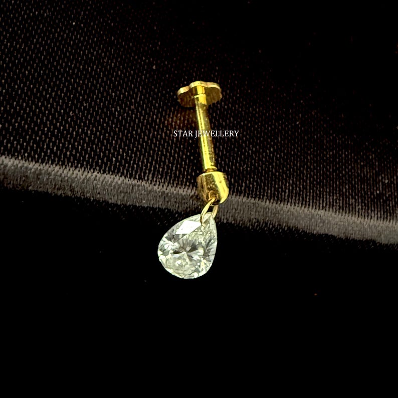 14K Gold Pear Lab Diamond Stud: Floating Drop Piercing - Etsy