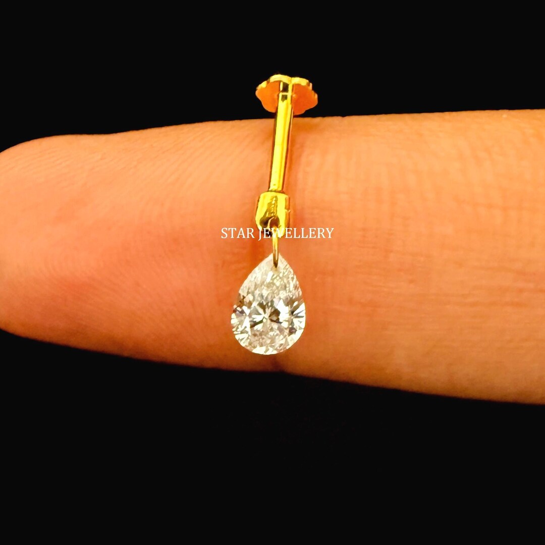 14K Gold Pear Lab Diamond Stud: Floating Drop Piercing - Etsy