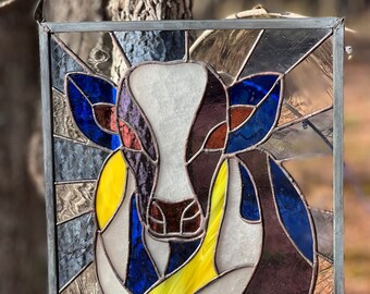 Farmhouse Stained Glass Panel Peeking Cow, Cow Stained Glass Panel ...