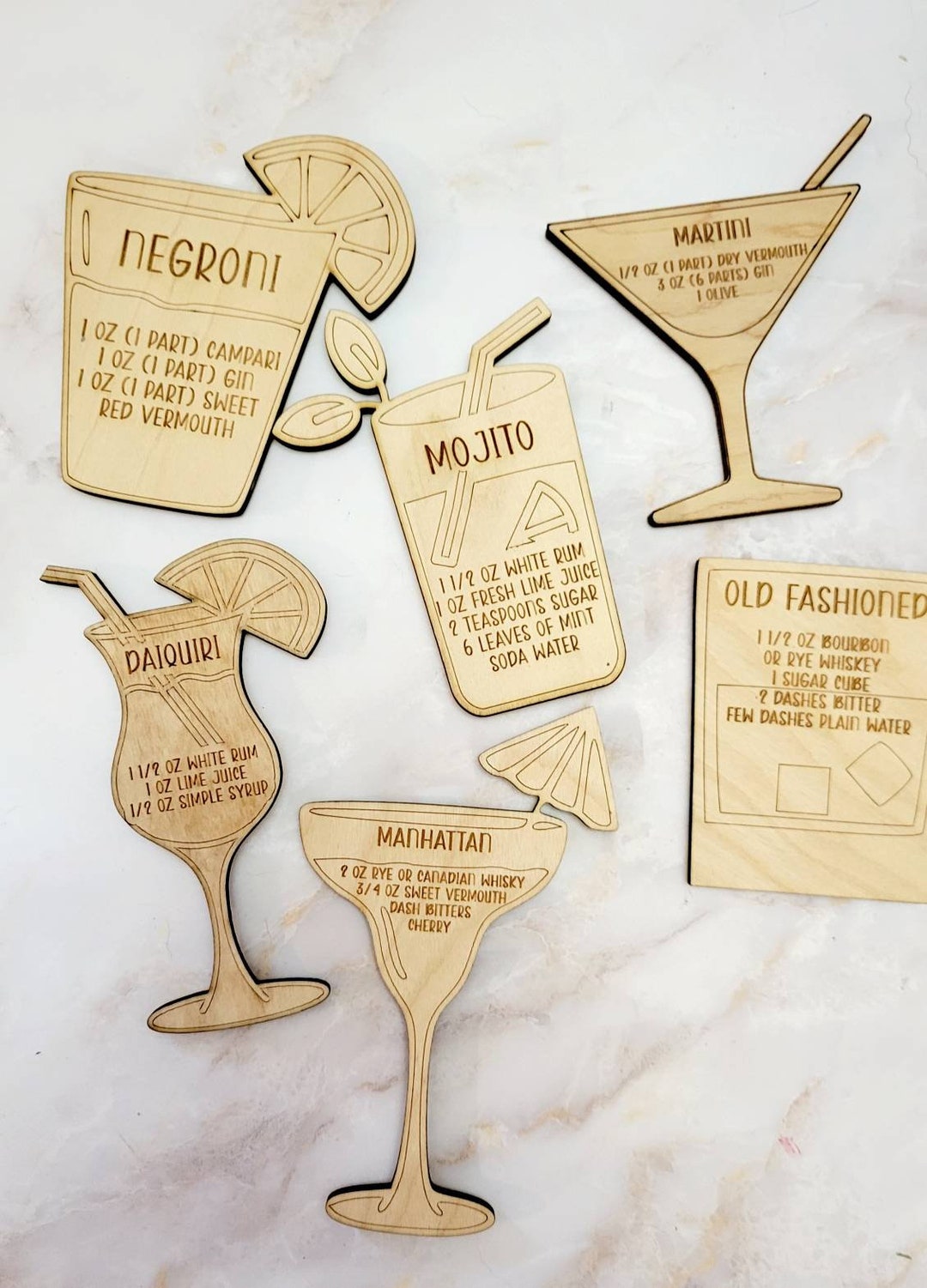Cocktail Recipes Engraved on Wooden Refrigerator Magnets Set, Drinkware ...