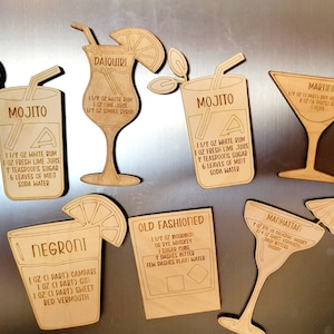 Cocktail Recipes Engraved on Wooden Refrigerator Magnets Set, Drinkware ...