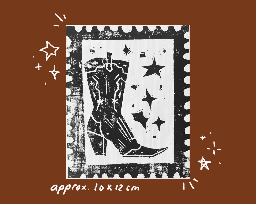 Cowboy Boot Lino Print (10 X 12cm) - Western Lino Print, Card Lino ...