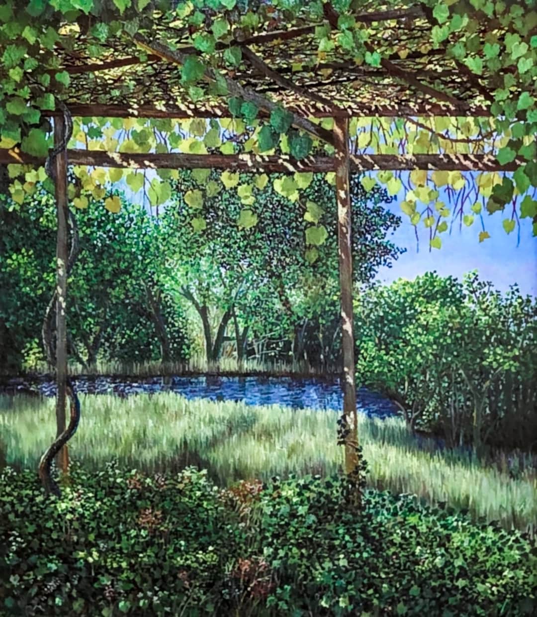 Grape Arbor Oil Painting: River Landscape, Summer Wall Art (30x26 Inch ...