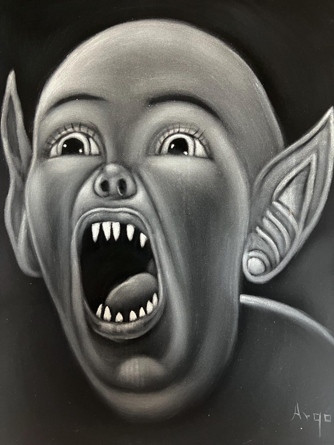 Bat Boy Bat Child Monster Legend Black Velvet Oil Painting Hand Painted ...