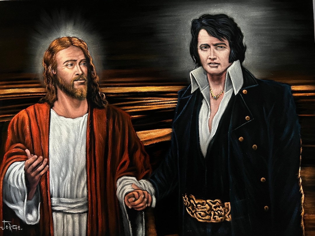 Jesus Christ and Elvis Presley in Heaven Black Velvet Oil Painting Art ...