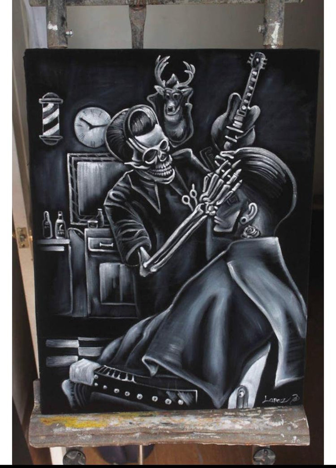 Skeleton Barber Shop Rock Skull Black Velvet Oil Painting | Etsy