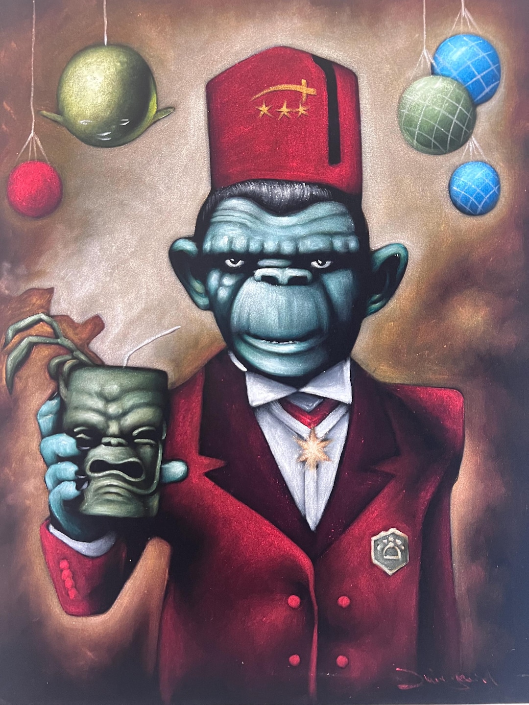 Monkey Fez Tiki Hawaiian Polynesian Girl Tropical Black Velvet Oil ...