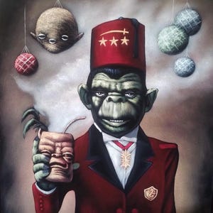 Monkey Fez Tiki Hawaiian Polynesian Girl Tropical Black Velvet Oil ...