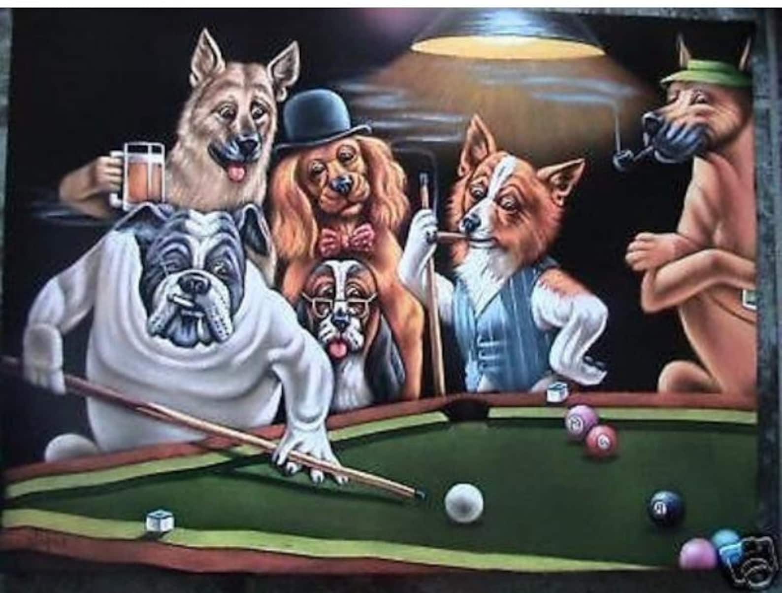 Dogs Playing Pool Black Velvet Oil Painting Hand Painted - Etsy