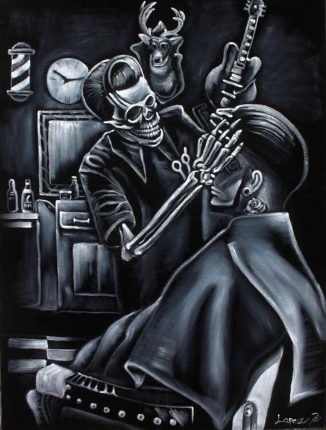 Skeleton Barber Shop Rock Skull Black Velvet Oil Painting - Etsy