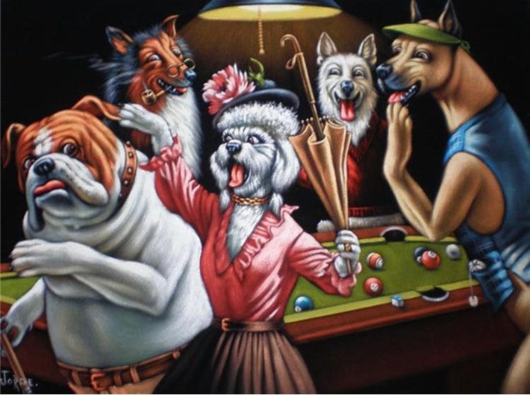 Large Size Dogs Playing Pool Black Velvet Original Oil Painting Hand ...