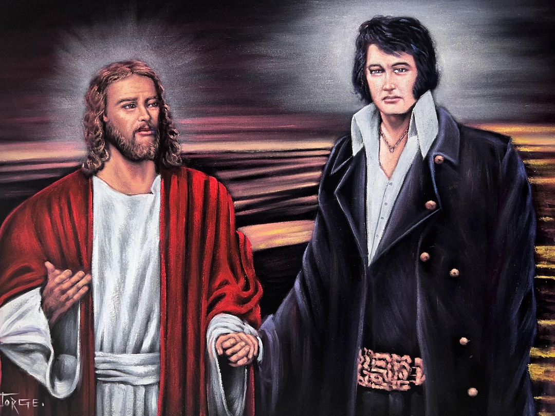 Jesus Christ and Elvis Presley in Heaven Black Velvet Oil Painting Art ...