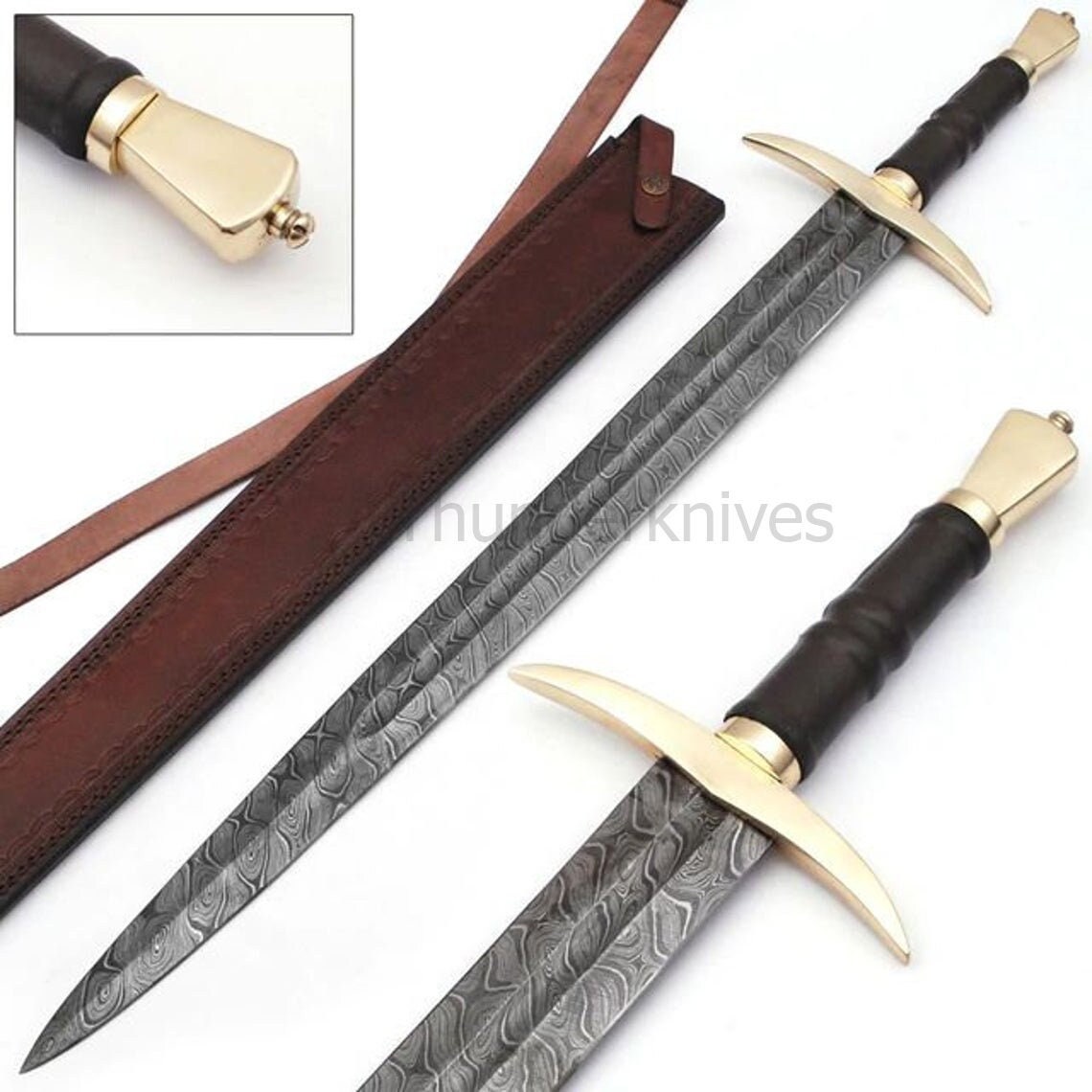 Handmade Damascus Steel Viking Sword With Leather Cover , Hand Forged ...