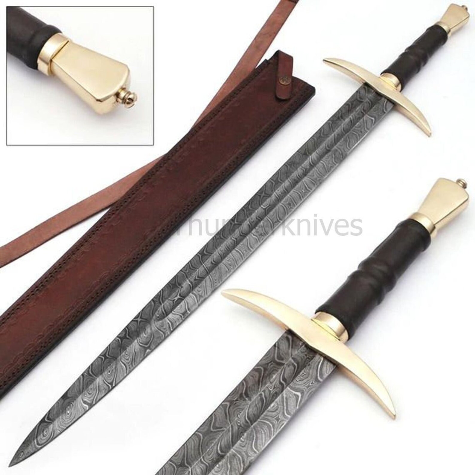 Handmade Damascus Steel Viking Sword With Leather Cover , Hand Forged ...