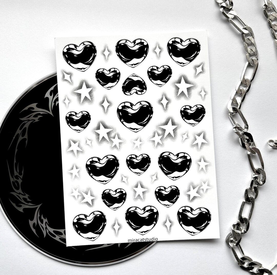 Bubbly Hearts and Stars Sticker Sheet | Black and White Cybercore ...