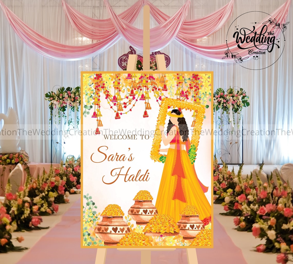 Haldi Signage Board, Haldi Floral Welcome Signage, Bridal Haldi Decor Entry Sign Board, Haldi ...