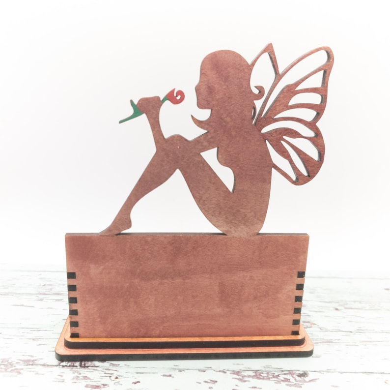 Fairy Smelling Rose Business Card Holder: Engraved Moon, Birch Wood ...