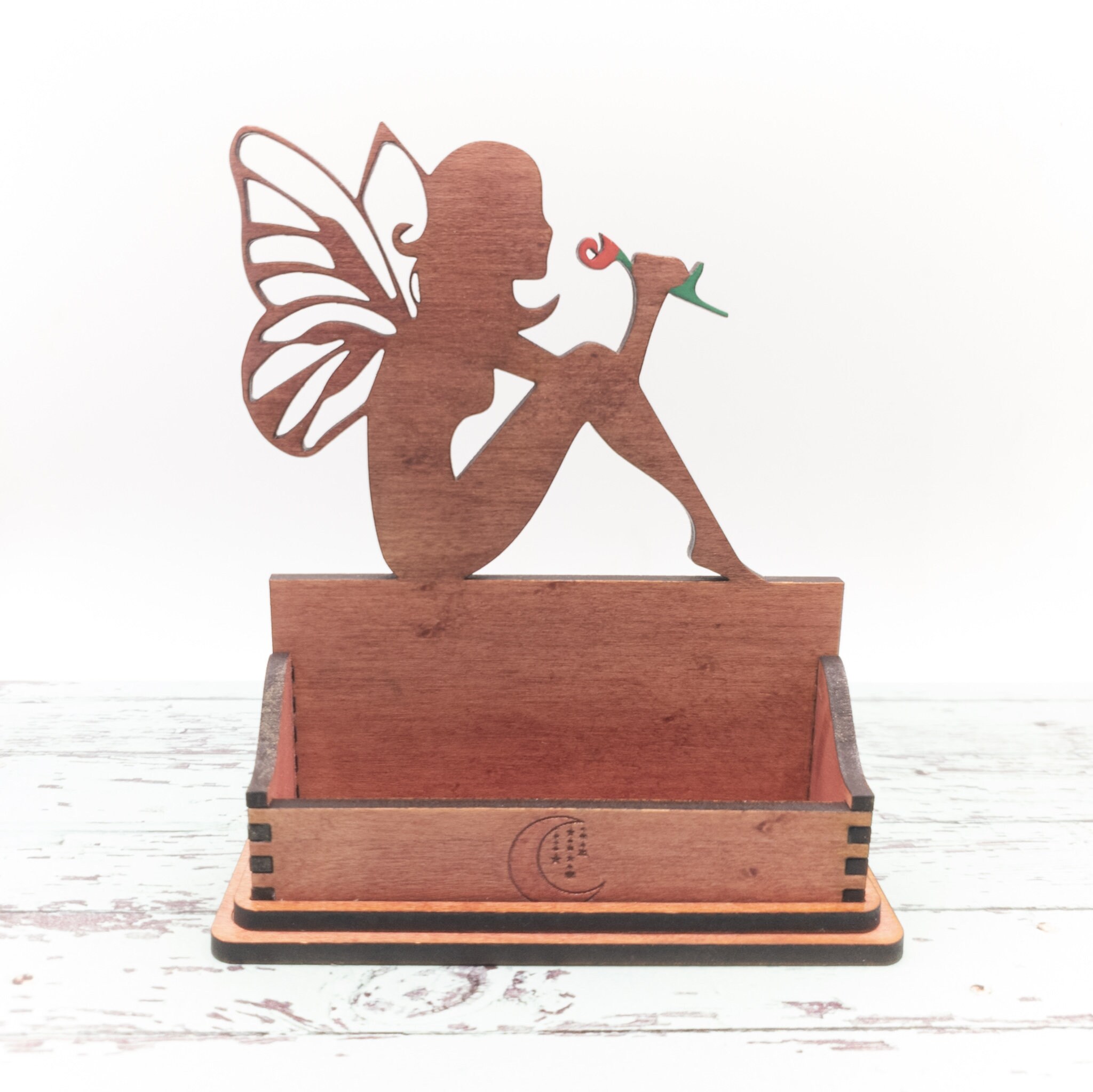 Fairy Smelling Rose Business Card Holder: Engraved Moon, Birch Wood ...