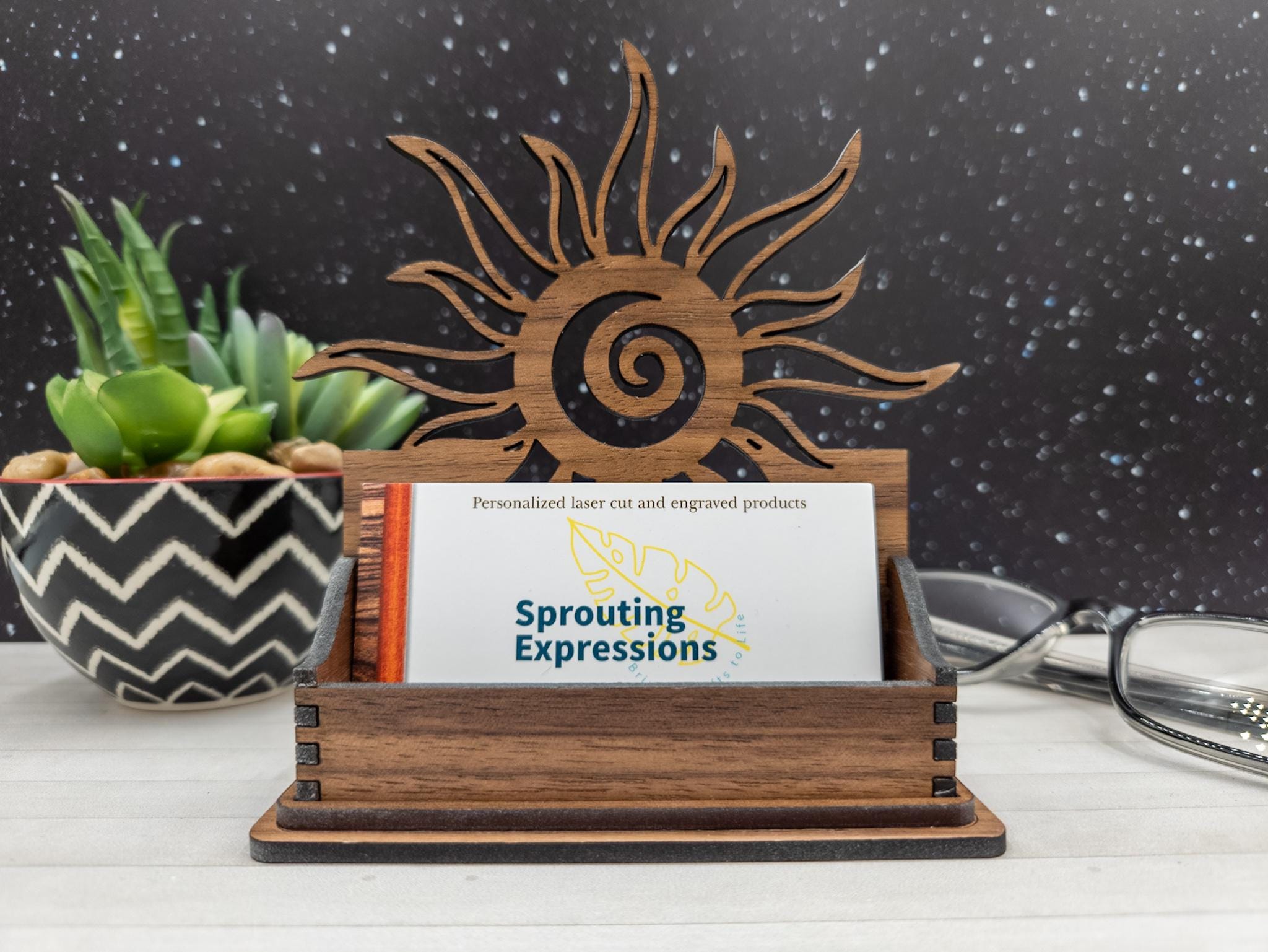Handcrafted Wooden Business Card Holder: Sun Design, Walnut or Cherry ...