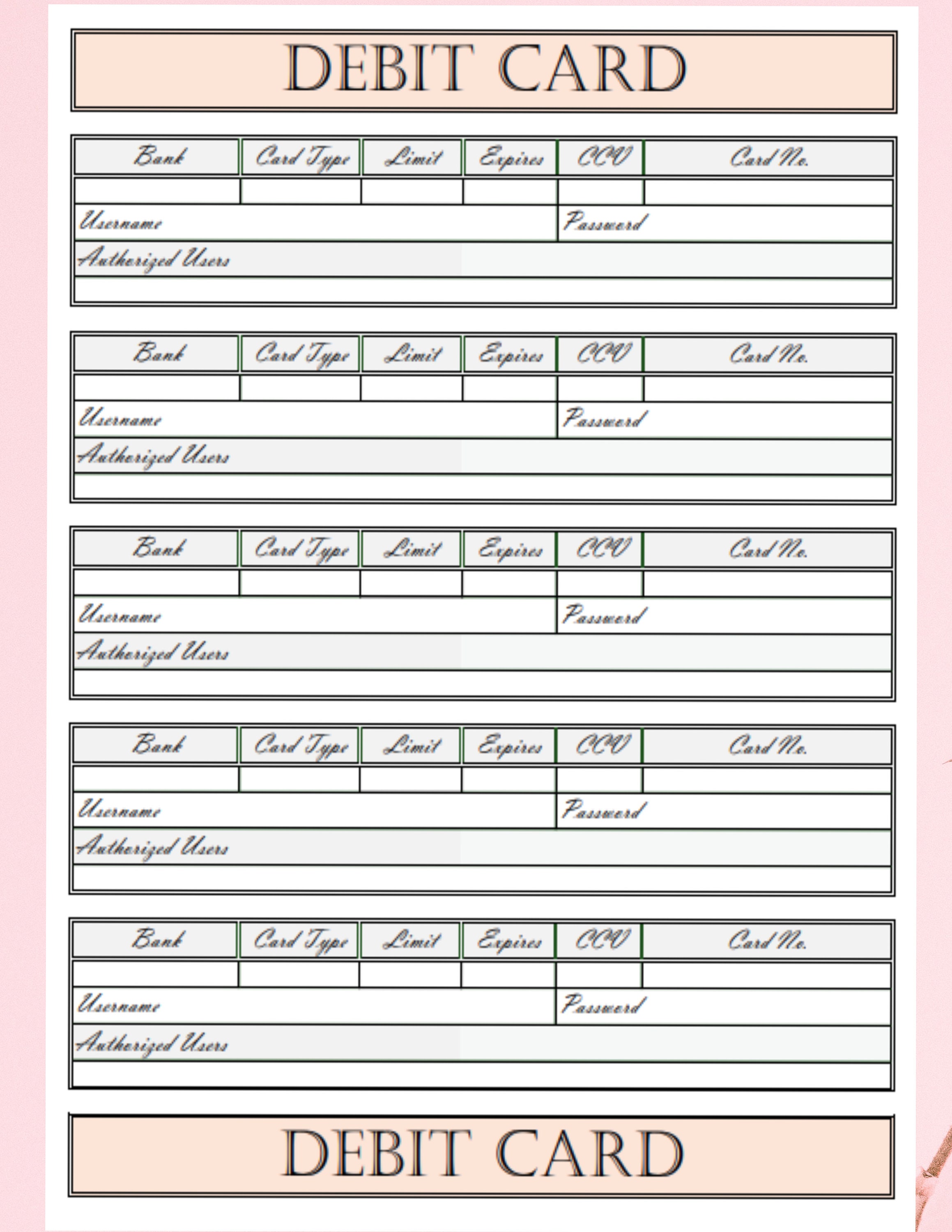 Credit Tracker Debit Tracker Bank Card Log Card - Etsy