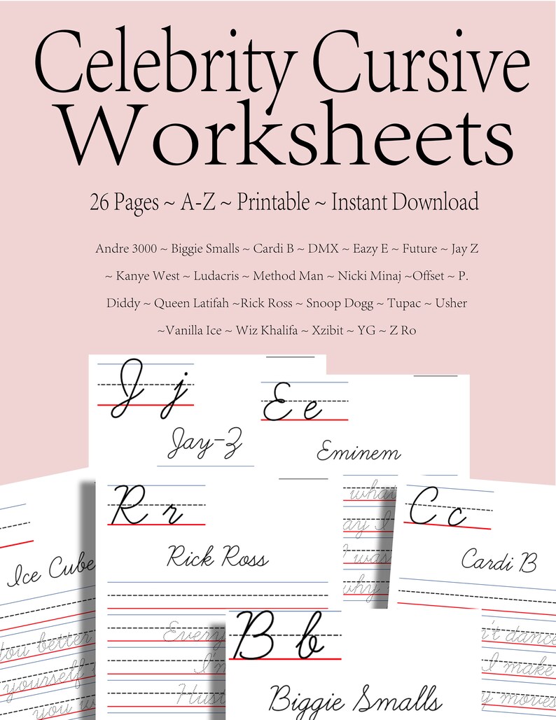 Celebrity Cursive Worksheets | Kanye West | Tupac | Cardi B | Funny ...
