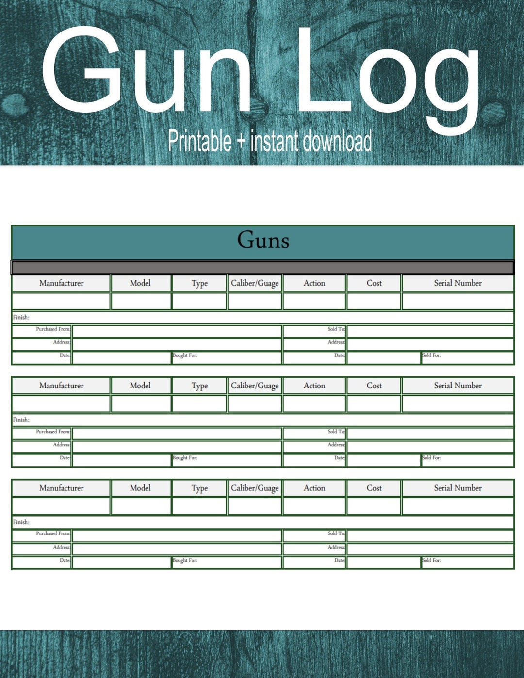 Gun Log Gun Tracker Gun Inventory Etsy