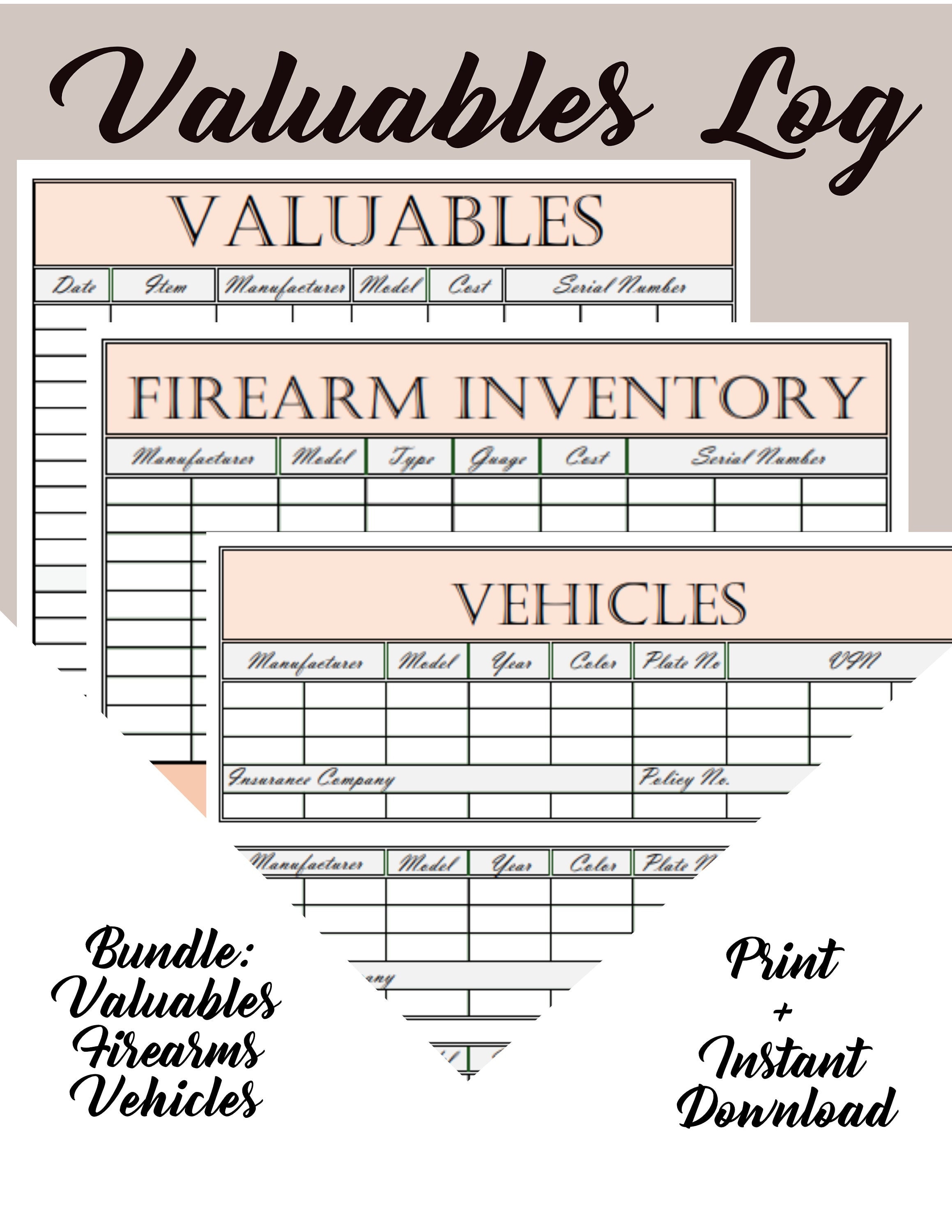 Valuables Log Firearm Log Vehicle Log Items Log Item Inventory - Etsy