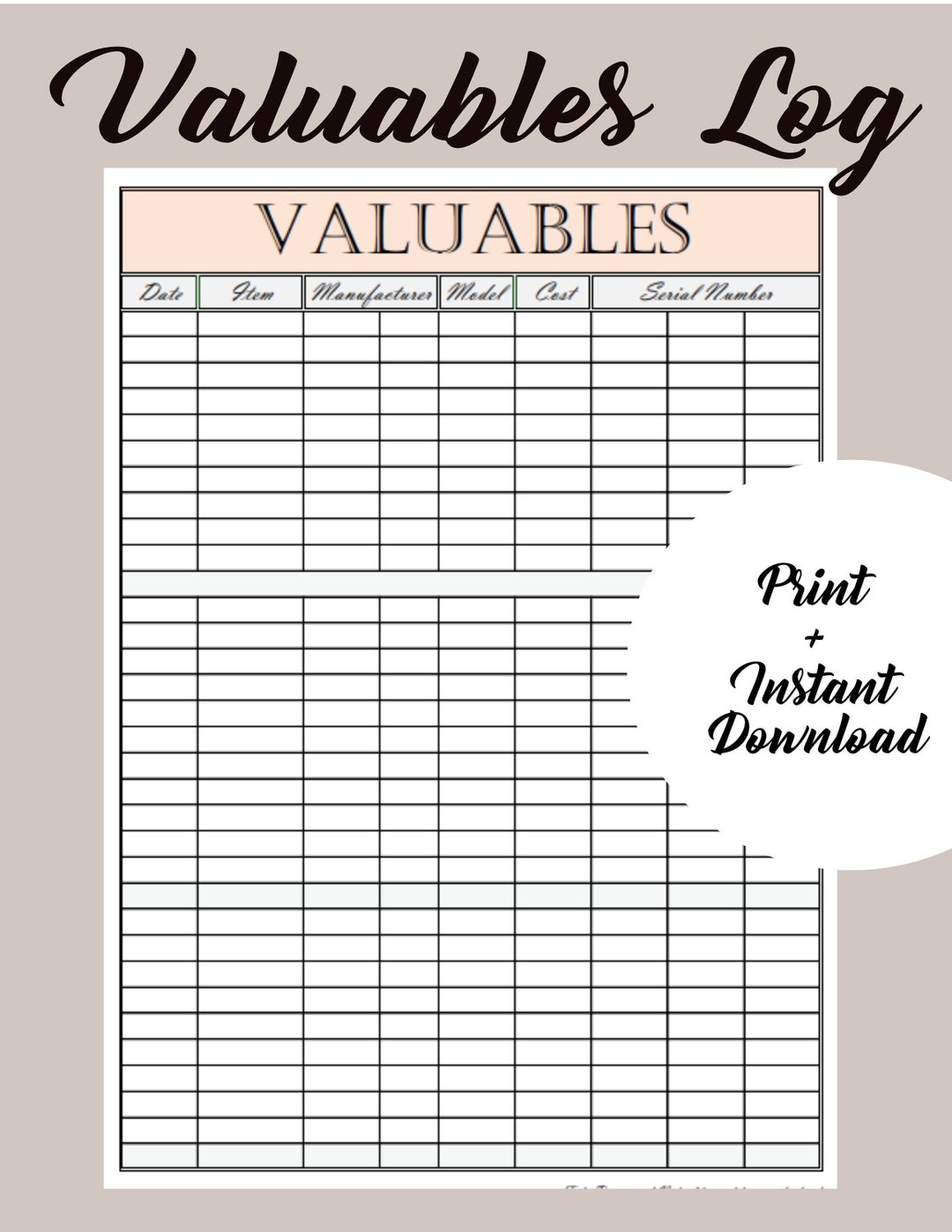 Valuables Log | Inventory | Valuables List | Home List - Etsy