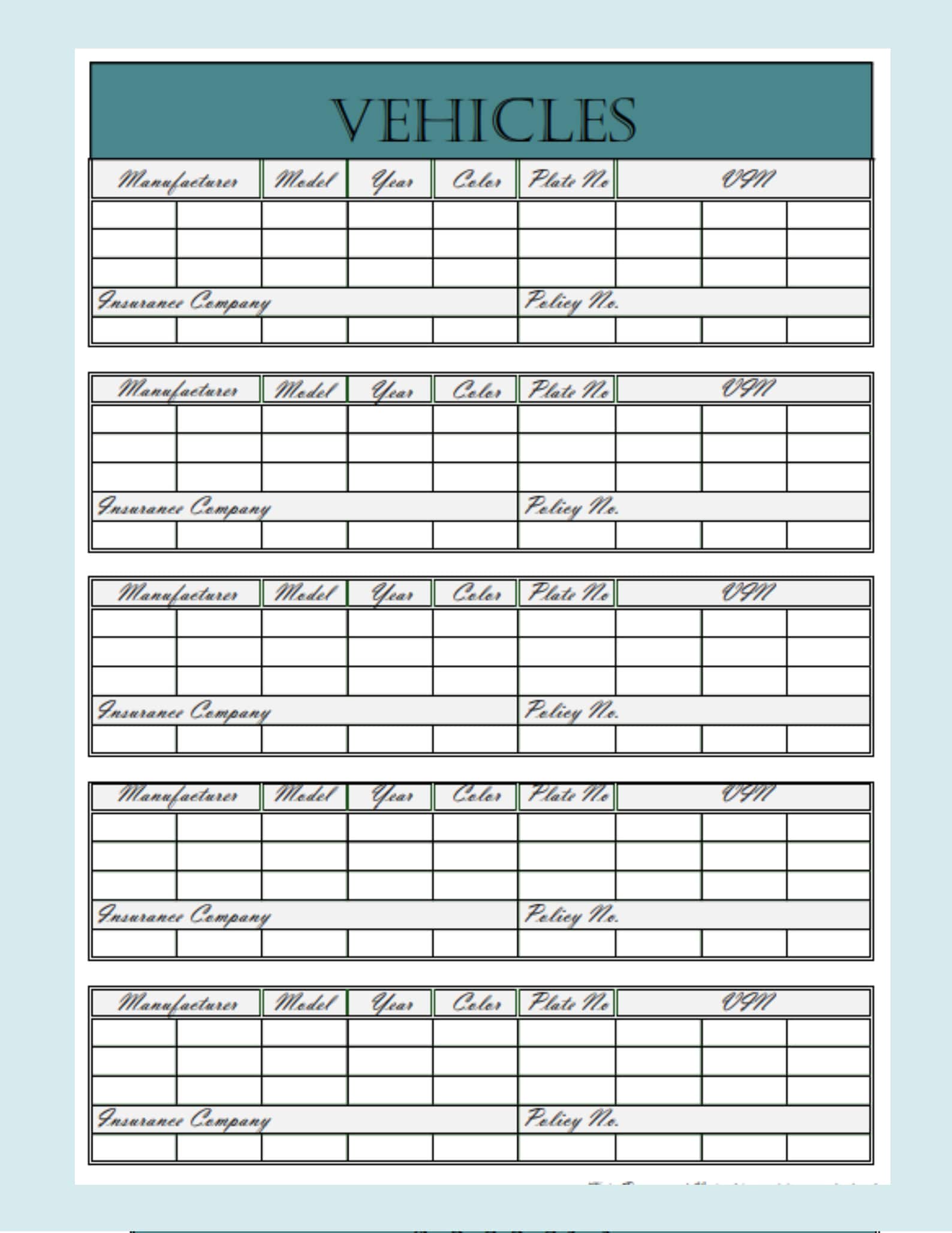 Vehicle Log | Car Log | Vehicle Tracker | Valuables Tracker | Valuables ...