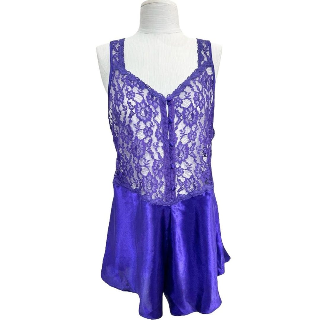 Vintage 80s 90s Purple Satin Sheer Lace Bodice Romper Teddy Negligee ...