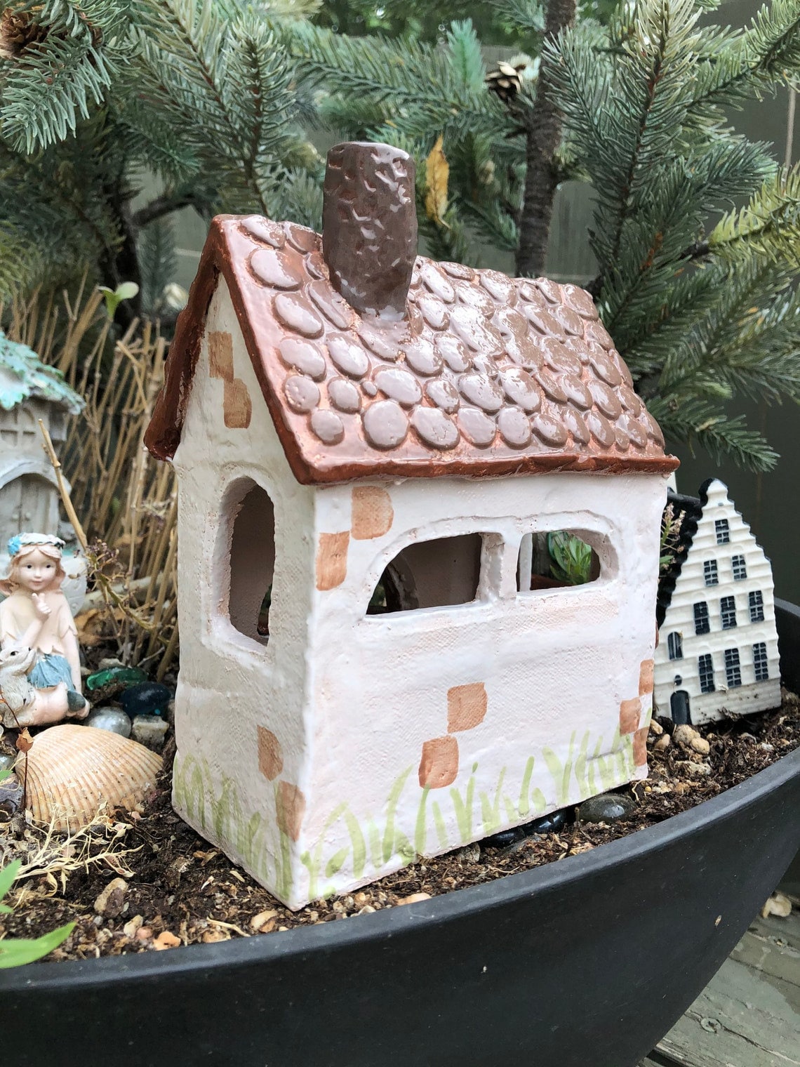Hand Built Pottery Gnome House Fairy House LED Tea Light Holder Art ...