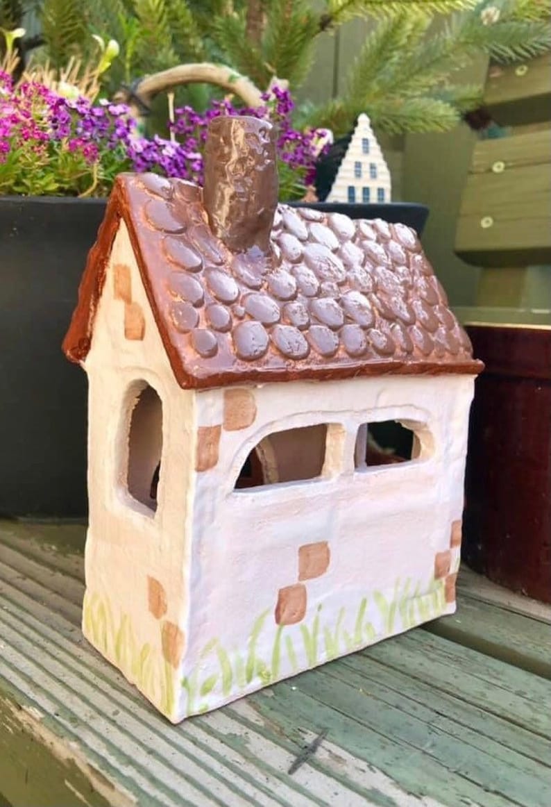 Hand Built Pottery Gnome House Fairy House LED Tea Light Holder Art ...