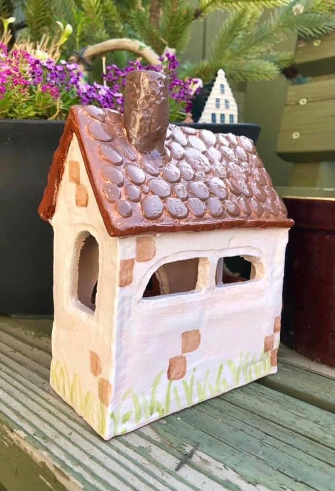 Hand Built Pottery Gnome House Fairy House LED Tea Light Holder Art ...